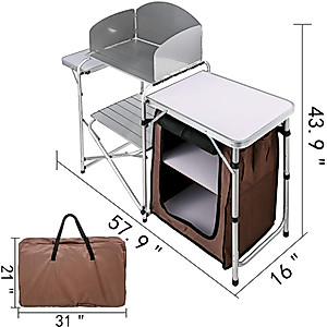 Camping Kitchen Table with Windscreen and Storage Organizer, Alunimum Folding Cook Table Lightweight Height Adjustable, Portable Camping Kitchen Brown for Outdoor Activities