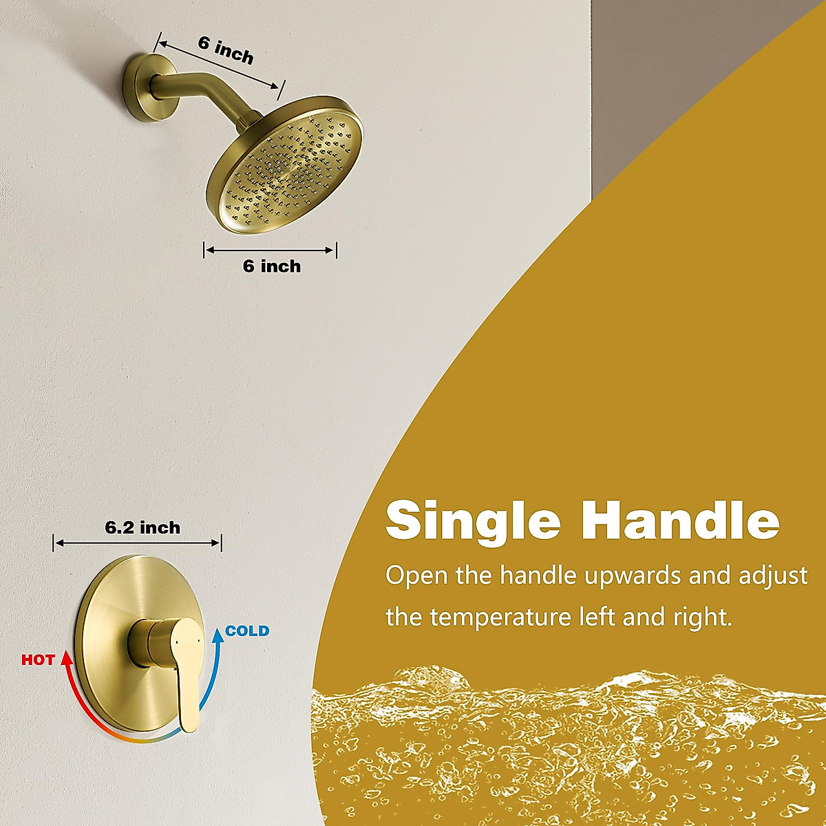 Tohlar Gold Shower Faucet, Single-Handle Shower Faucet Set with 6 Inch Rainfall Shower Head and Handle Set Modern Shower Trim Kit with Shower Valve Bath Shower Faucet Kit, Brushed Gold