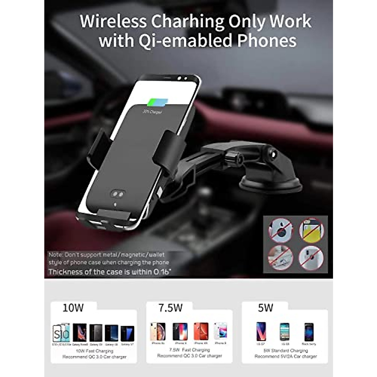 MANKIW Wireless Car Charger Automatic Clamping 10W Qi Fast Charging Car Charger Mount Compatible with iPhone 15 14 13 12 11 pro max Plus/Xs MAX/XS/XR/X/8/8p Samsung S10/S10+/S9/S9+/S8/S8+