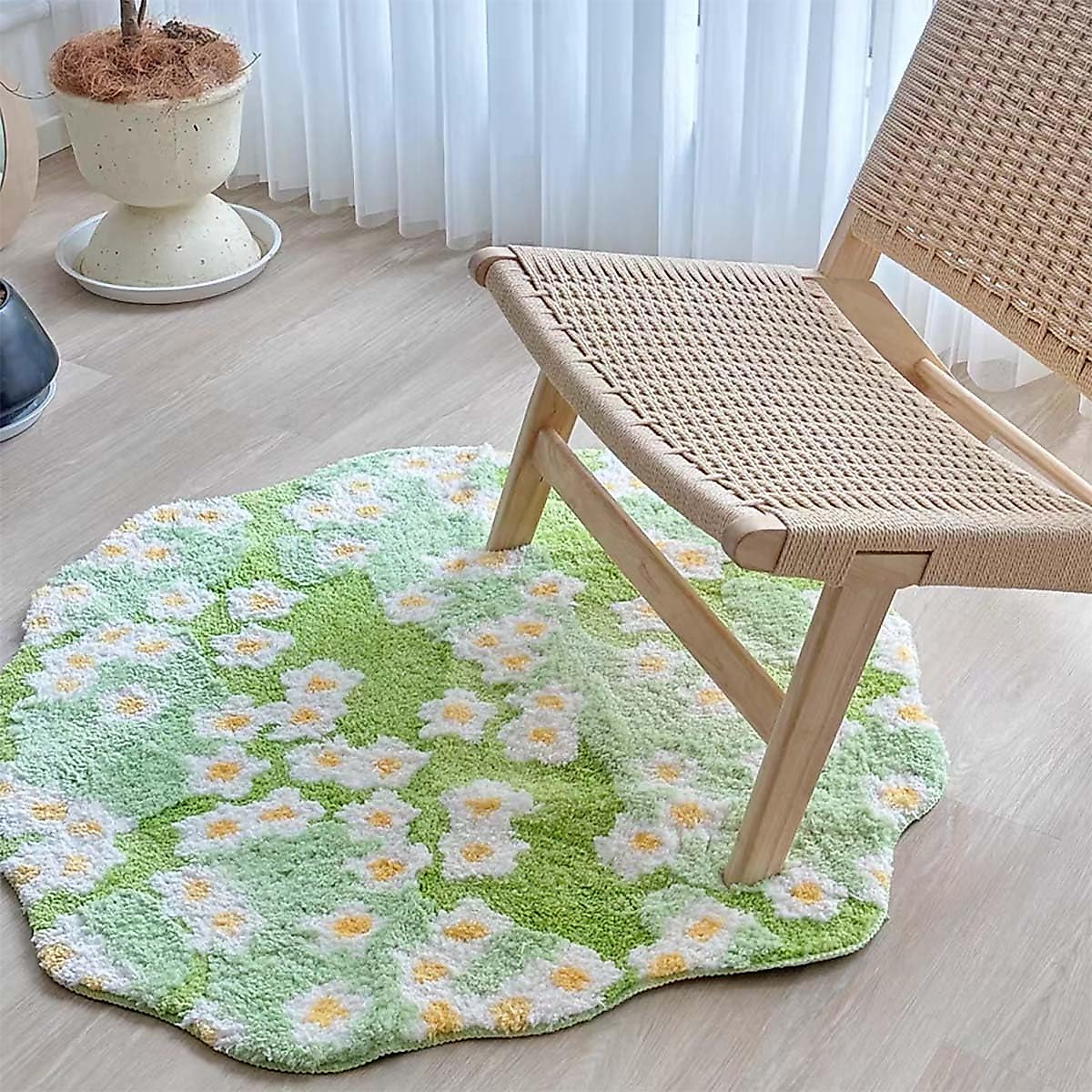 Moss Rug 3D Stereo Irregular Rug Nature Flowers Daisy Moss Rug for Living Room Bedroom Home Aesthetic Decor Floor Mat Indoor Floor Plush Shaggy Area Rug Anti-Slip Cute Rugs (39.4*39.4in) (green)