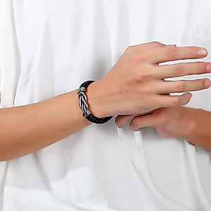 Mother and Son Forever Linked Together Braided Leather Bracelet， To My Son Bracelets from Mom Stainless Steel Interlocking Wristband Son Graduation Inspirational Birthday Jewelry Gift with Card Box,