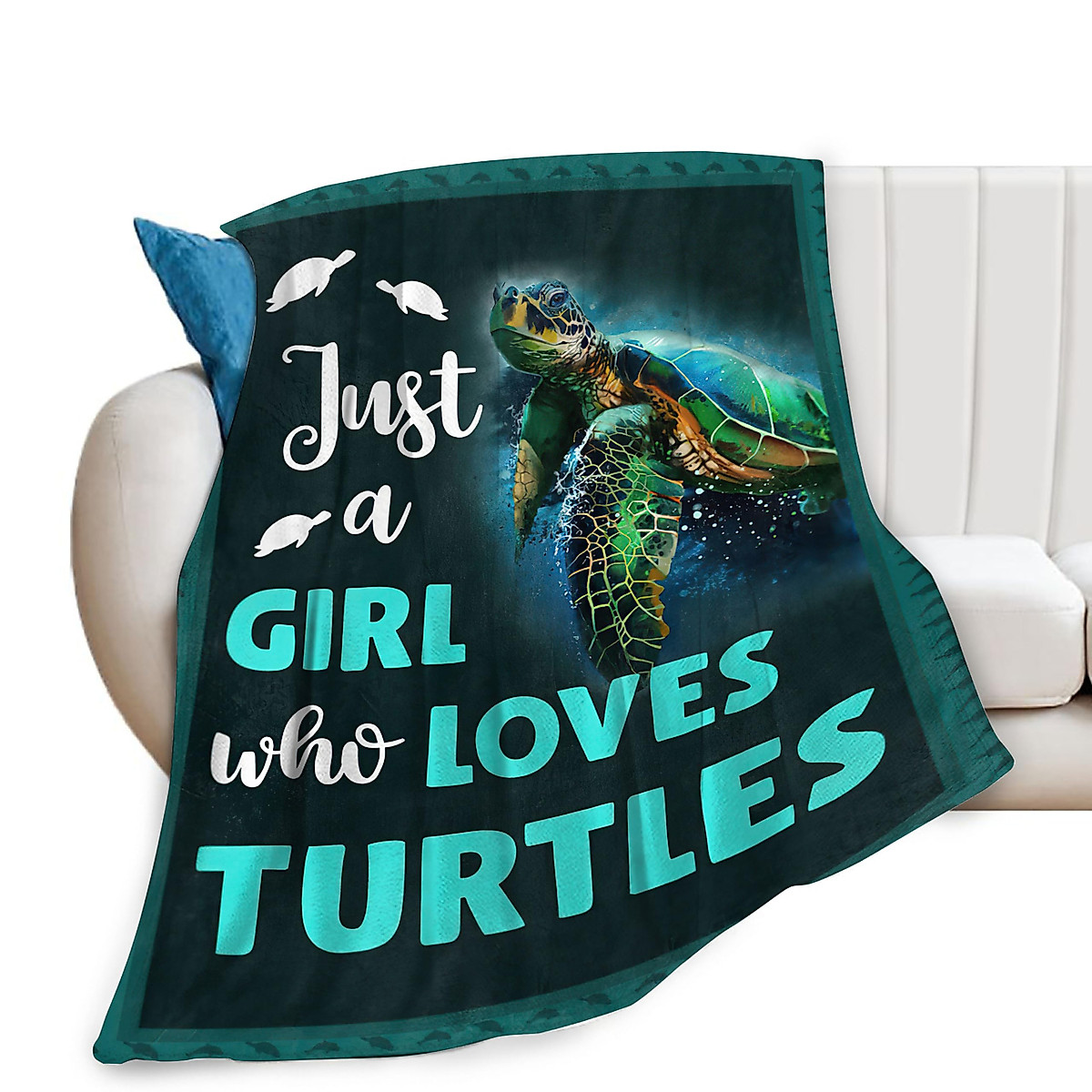 Just A Girl Who Loves Turtles Blanket Teal Sea Turtle Decor Throw Blanket Gifts for Girls Boys Super Warm Soft Plush Lightweight Fleece Flannel Blanket Bedding Blanket for Kids Adults Women 60"X50"