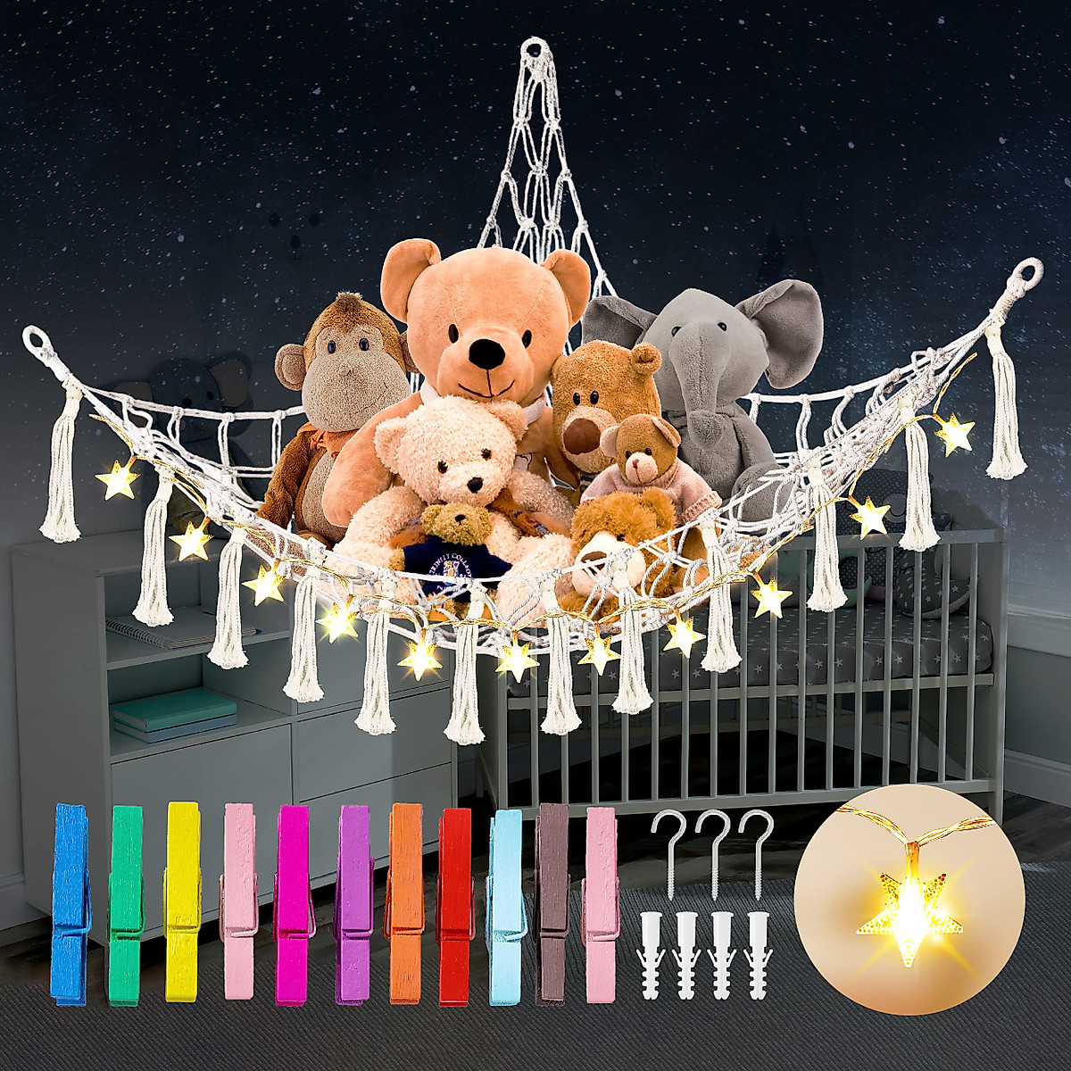 UNKENBO Stuffed Animal Storage Hammock - Macrame Toy Hammock with Photo Clips, Star String Lights, Space Saving Hanging Corner Stuffed Animal Net or Hammock, Boho Kids Bedroom Decor (Cream)