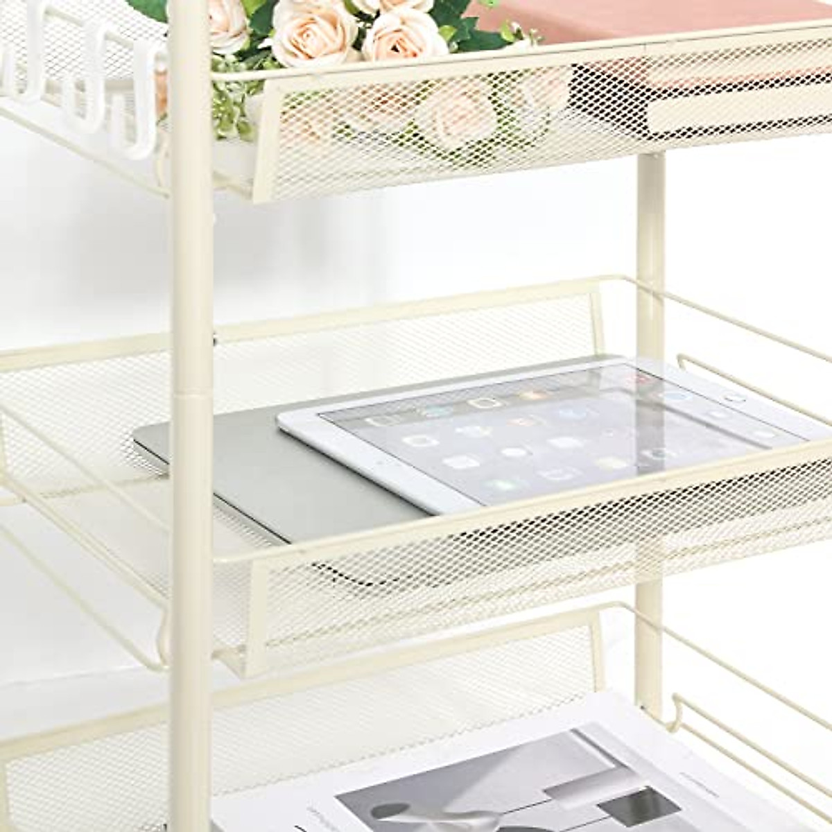 ruishetop Rolling Push Cart Stand Shelves, Storage Rack with Wheels with Mesh Wire Basket, Multifunction Metal Trolley Organizer for Home, Office, Bedroom, Bathroom, Kitchen (3-Tier Rack Beige)