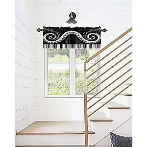 Curtain Valance for Windows Black White Piano Keys Gold Notes Kitchen Valances Rod Pocket Short Curtains,Music Instrumental Stave Swirl Window Treatment Panel for Living Room Bathroom Bedroom 42x12in