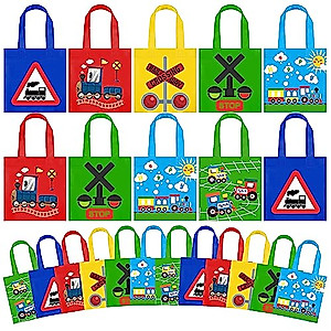 Pinkunn 20 Pieces Reusable Mini Train Party Tote Bags 6 Designs Gift Reusable Bags with Long Handles Gift Bag Goodie Treat Bags with Handles Party Favor