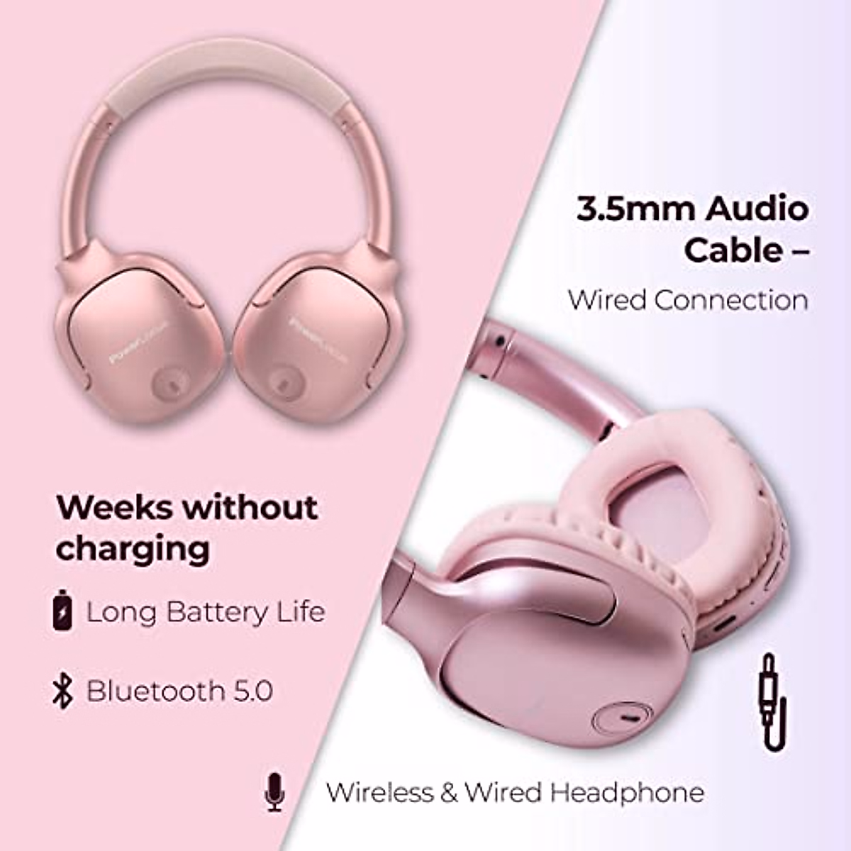 PowerLocus Bluetooth Headphones Over Ear, [Bass-Mode Button] Wireless Headphones, Foldable Hi-Fi Stereo, Soft Memory Foam Earmuffs, Metal Extendable Sides, Headset with Microphone for Phone/PC/TV