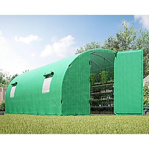 Papababe 28x10x7.5 FT Extra high Large Walk-in Greenhouse for Outdoors, Upgraded Swing Door, Heavy Duty Galvanized Steel Frame Tunnel Greenhouse kit, Reinforced PE Cover & Film Clips, Green