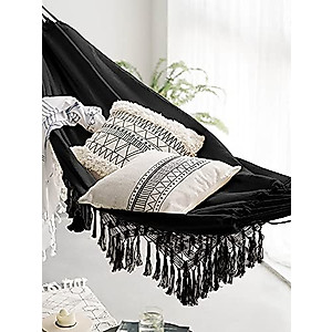 Xuanmuque Double Sized Boho Macrame Black Hammock with Elegant Tassels and Fishtail Knitting 485Lbs Includes Tie Ropes and Black Drawstring Bag for Women