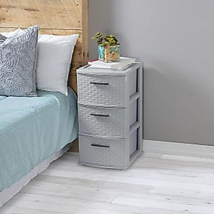 3 Drawer Weave Storage Tower Set of 2, Plastic Decorative Drawers to Organize Clothes in Bedroom with Gray Drawers