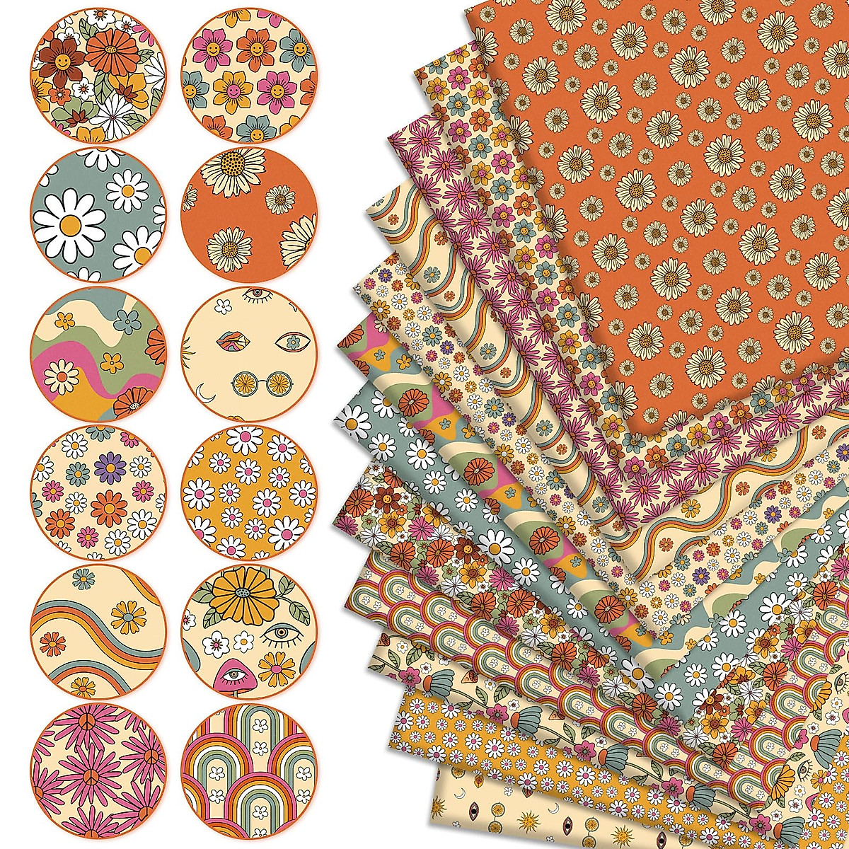 Whaline 12Pcs Retro Floral Cotton Fabric Bundles Rose Pink Boho Flower Rainbow Fat Quarters Groovy Hippie Quilting Patchwork for DIY Handmade Crafting, 18 x 22 Inch