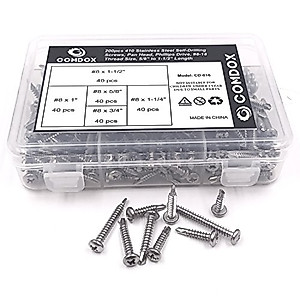 Comdox 410 Stainless Steel Self Drilling Screws Kit Set, Pan Head Phillips Sheet Metal Tek Screws Assortment Kit, Modified Truss Head, 8-18 Thread Size, 5/8" to 1-1/2" Length (Pack of 200)