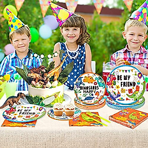 Mocoosy 96Pcs Dinosaur Party Plates and Napkins Sets, Dino Birthday Party Supplies for Kids Disposable Dinner Dessert Cake Plates Napkins Forks Dinosaur Paper Utensils Tableware Kit Serves 24 Guests