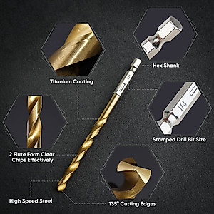 TICONN 13 PCS Titanium Coated Drill Bit Set with Hex Shank, 135 Degree Tip High Speed Steel Drill Bits Kit for Steel, Aluminum, Copper, Soft Alloy Steel Size from 1/16" to 1/4"