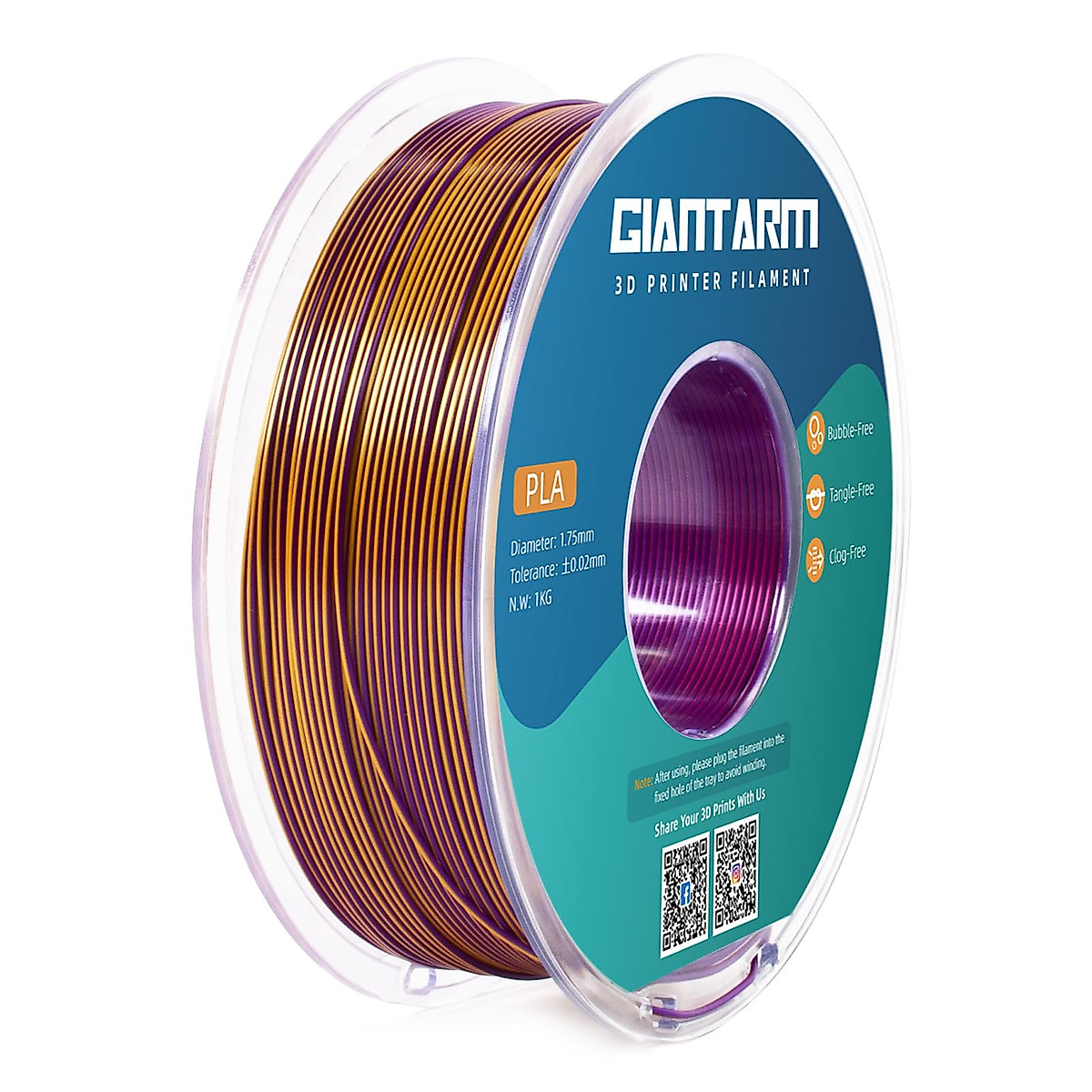 GIANTARM Tri-Colors Silk Pla Filament, 3D Printer Filament 1.75mm +/-0.02mm, 1Kg (2.2lbs) Spool, Vacuum Packaging（Red+Gold+Purple）