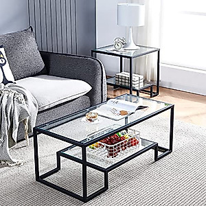 Black Metal Glass Coffee Table - Simple Center Coffee Table for Living Room Home, Metal Frame Coffee Table with 2 Shelves,Modern Table for Bedroom, Dinning Room,Office Decor