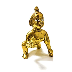 Brass Krishna Laddu Gopal Kanha Makhan Chor Statue Idol Murti Sculpture Ji Idol size no. 3 with Set of Mukut, Mala, Bansuri, Kangan, Hair and ear rings, 1 Dress Velvet(3 No.)