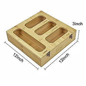 Bamboo Ziplock Bag Organizer for Drawer with Removable Lid | Ziplock Bag Storage Organizer | Ziplock Bag Organizer| 4 Compartments Plastic Bag Organizer | Wooden Baggie Organizer | 12 x 12 x 3-inch