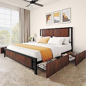 YITAHOME Queen Size Bed Frame, Metal Platform Bed with 4 Drawers, Rustic Wooden Storage Bed Frame Mattress Foundation No Box Spring Needed, Vintage Brown