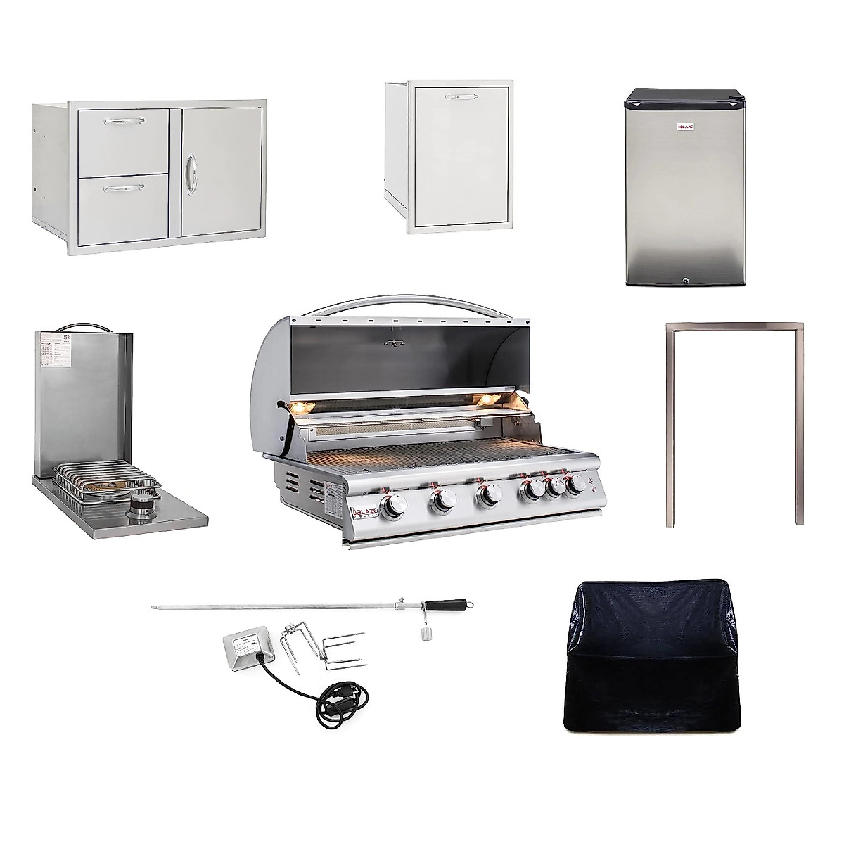 BLAZE BBQ Outdoor Gas Grill Package of 40” LTE Built-in Gas Grill, Dop-In Single Side Burner, 32” Door & Two Drawers Combo, Roll Out Double Trash Drawer, 20” Compact Refrigerator, and Accessories