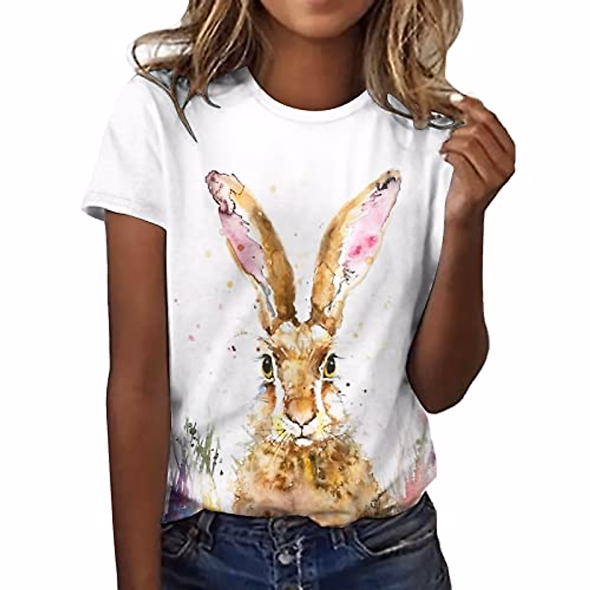 Women Casual Top Easter Bunny Printing Loose Round Neck Short Sleeve T Shirt Khaki