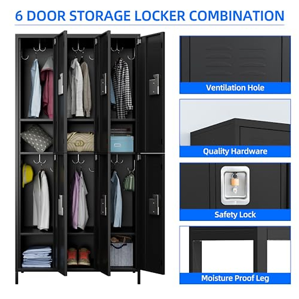METAN Metal Locker for School Office Gym Bedroom,6 Doors Steel Storage Locker Cabinet for Employees,Industrial Storage Locker with 1 Shelves,Assembly Required (6 Door-Black)