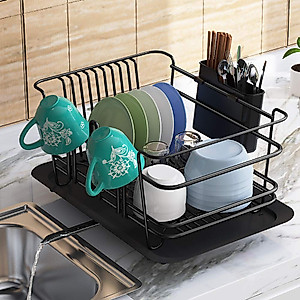 1Easylife Dish Drying Rack, Dish Drainer for Kitchen Rustproof Dish Rack and Drainboard Set with Removable Utensil Holder and Adjustable Swivel Spout, Countertop or in Sink Dry Rack (Black)