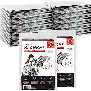 72 HRS MIL-SPEC Emergency Space Blankets – Mylar Survival or Emergency Thermal Blankets for Camping, Hiking, Marathon, First Aid, Emergency Preparedness, Extreme Weather, Shelter (12-Pack)