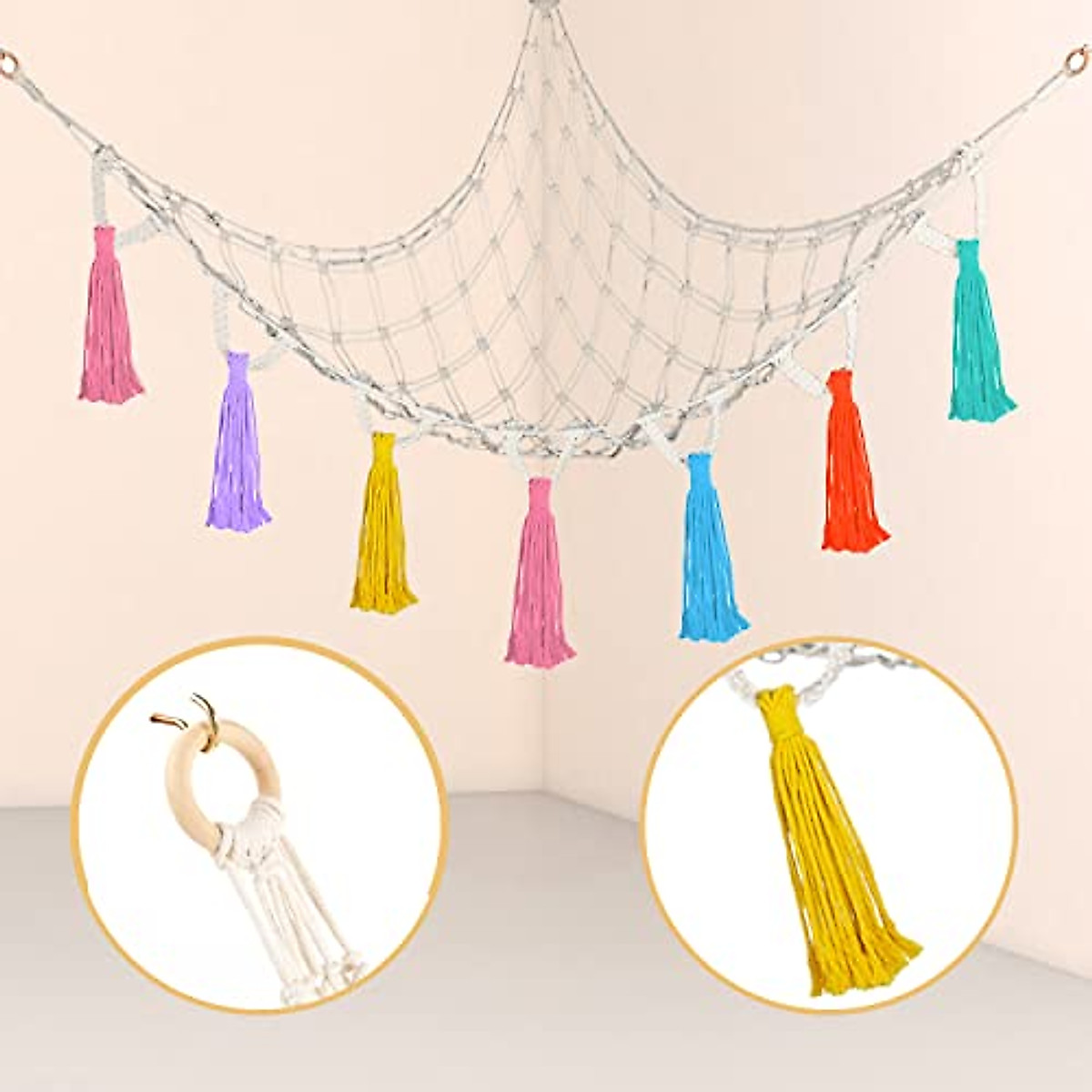 HONGTEYA Stuffed Animal Net or Hammock Large Plush Toy Net Hammock Holder for Corner Stuffed Animal Storage Ideas Hanging Plushie Toy Organizers Net with Boho Macrame Tassels 57inch