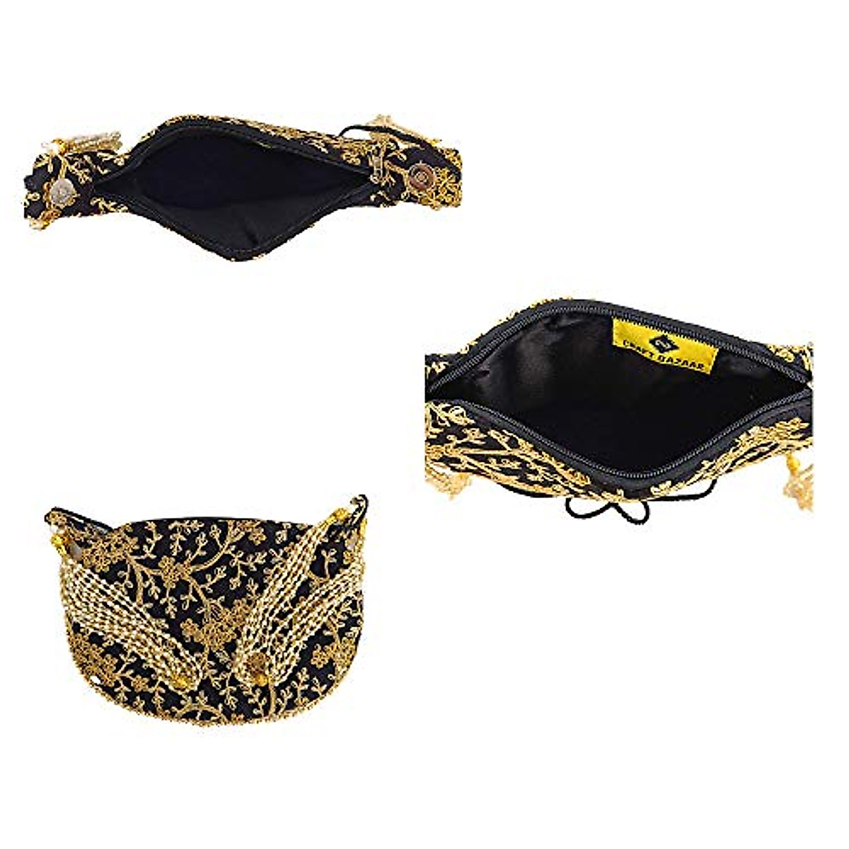 Women's Handmade Silk Drawstring Purse, Indian Potli Bag, Black Crossbody Triangle Purse