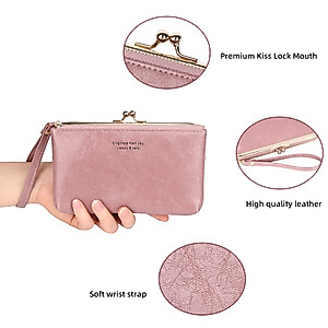 Yohora Wristlet Clutch Slim Leather Wallet Kiss Lock Handbag with Cellphone Pocket Retro Lightweight Pure Mini Coin Pouch