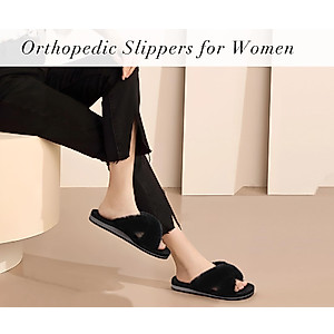 COFACE Womens Fuzzy Slides Fluff Fax Fur Cross Slippers Open Toe Yoga Mat House Slippers Sandals With Arch Support For Indoor/Outdoor