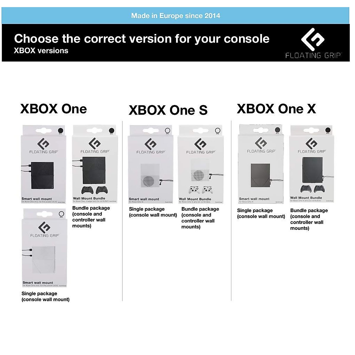 Xbox One S Wall Mount Solution by FLOATING GRIP - Mounting Kit for Hanging Game Consoles - Strong & Slim Ropes - Easy-to-Install System (Bundle: Fits XBOX One S + 2x Controllers, white)