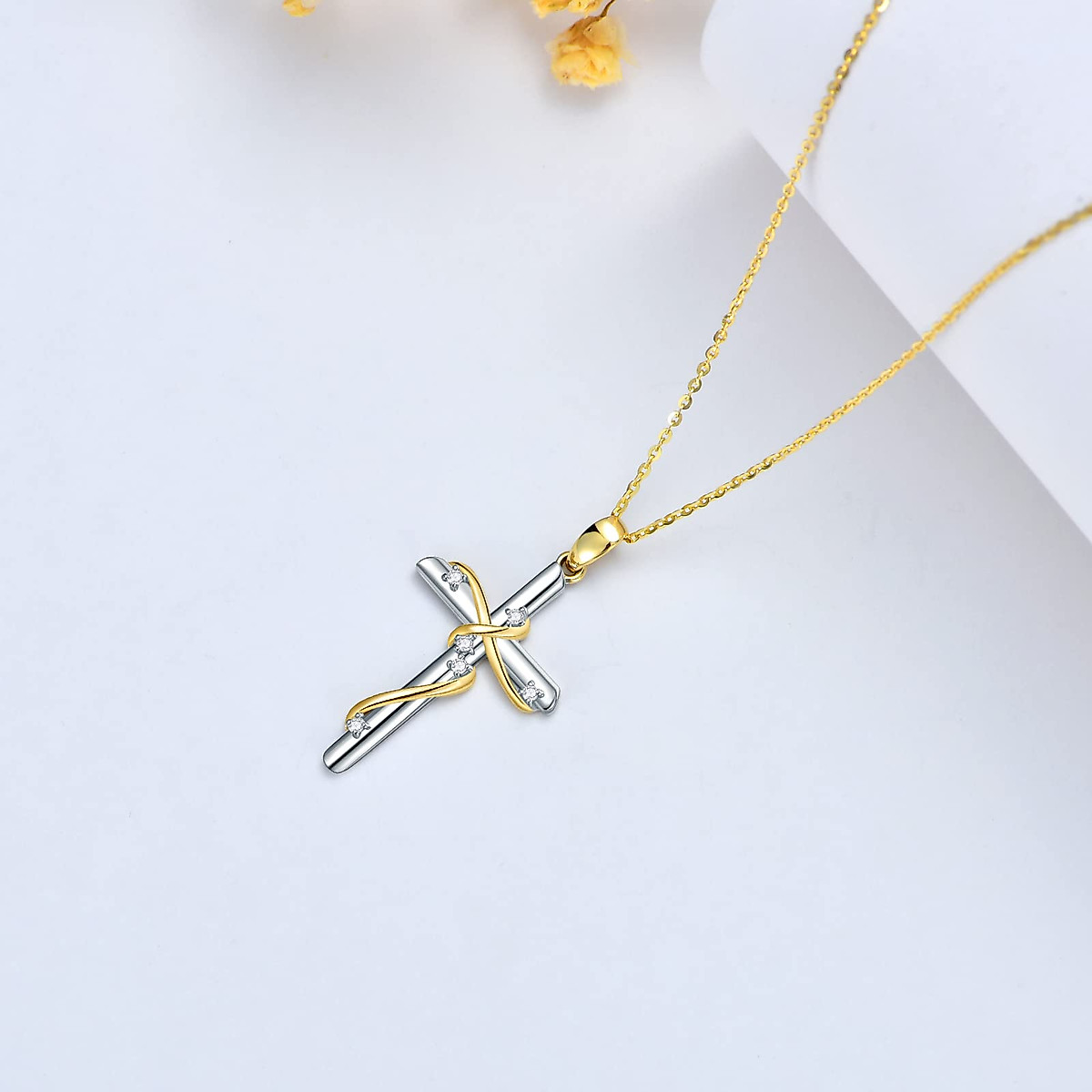 SISGEM Real Gold Diamond Cross Necklace for Women,10K Yellow/White Gold Religious Cross Pendant Necklace Genuine Diamond Cross Jewelry Gifts for Birthday Christmas 16+1+1 inch