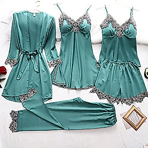 Pjs Nightwear Lace 5Pcs Pajama Women‘s Silky Set Sleepwear Sexy Set Pajama with 4 Piece Lingerie Set for (Green, L),Slips,green