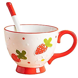 Luxshiny Soup Bowl Soup Bowl Soup Bowl 2pcs Ceramic Milk Mugs with Spoon Strawberry Breakfast Cup Mugs Coffee Cup Oatmeal Mugs For Latte Cappuccino Tea Cocoa Birthday Gifts Soup Mug Soup Mug Soup Mug