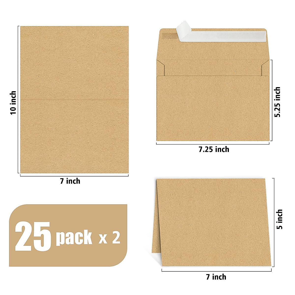 Blank Cards and Envelopes 5x7, 25 Pack Brown Invitation Cardstock with 25 Pack Envelopes, Self-Seal Thank you Blank Greeting Cards and Envelopes, Print custom, for All Occasions DIY
