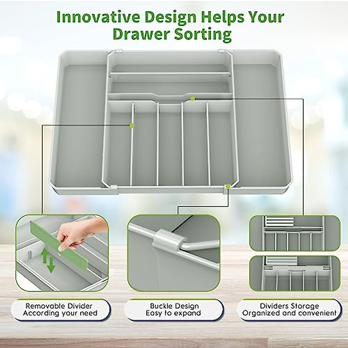 fifame Silverware Drawer Organizer, Expandable Kitchen Utensil Organizer, Larger Capacity Flatware and Cutlery Tray, Multi-Purpose Drawer Storage for Kitchen, Dressing Table, Office, Bathroom, (Grey)
