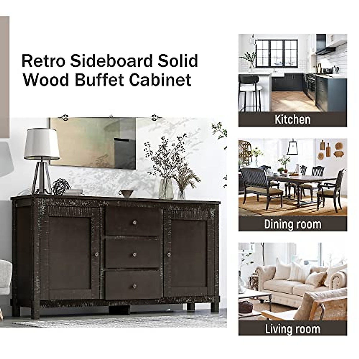 Merax Espresso Rustic Buffet Sideboard, Wood Storage Cabinet, Console Table with Adjustable Shelves, 3 Drawers for Living Kitchen Dining Room, Type 2