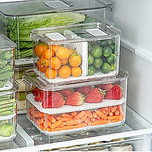 SANNO Refrigerator Food Storage Containers Stay Fresh,Food Storage Container Bin Stackable Refrigerator Freezer Organizer Fresh Keeper Drawers with Vented Lids and Removable Drain Tray