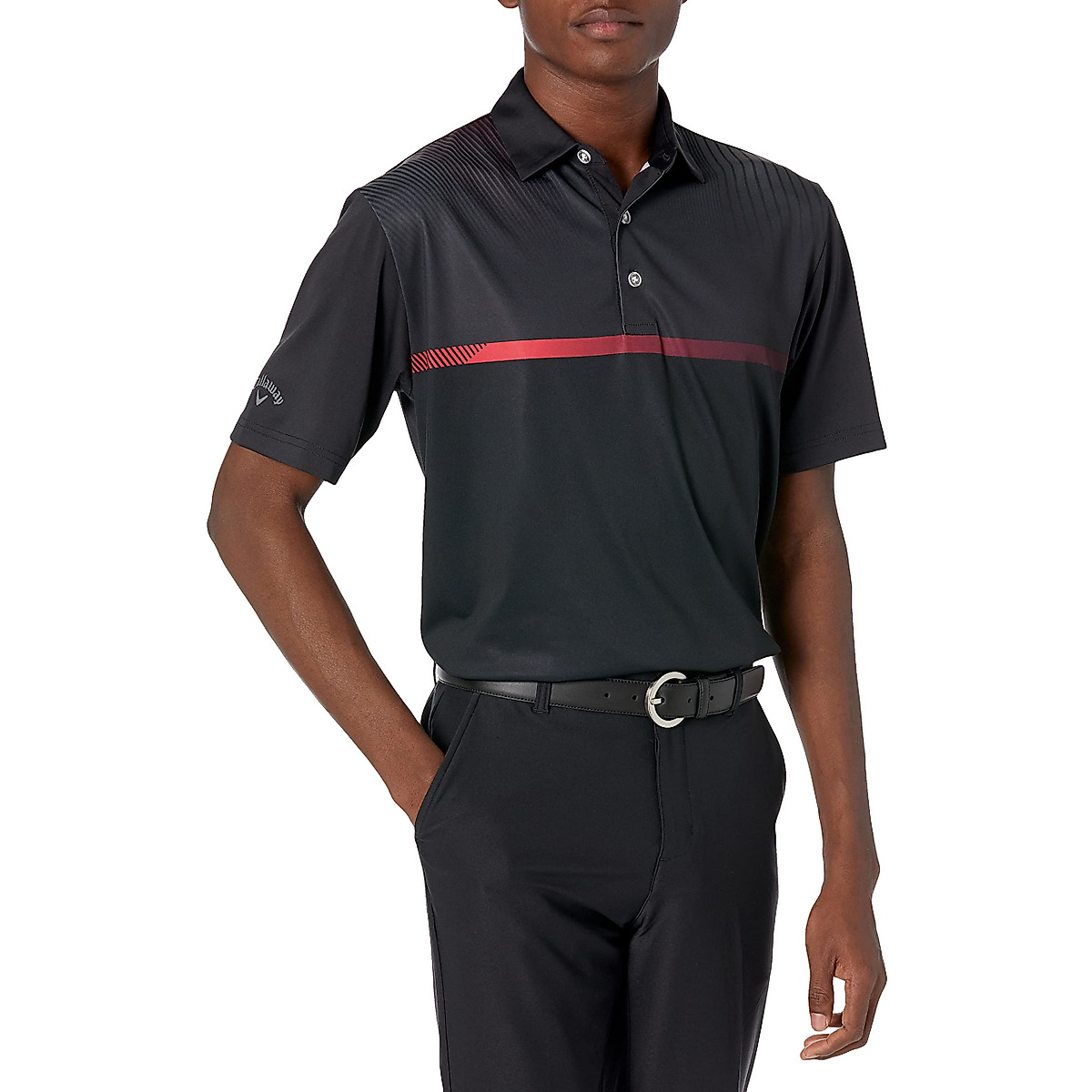 Callaway Basics Short Sleeve Modern Chest Stripe Polo Shirt, Black, X-Large