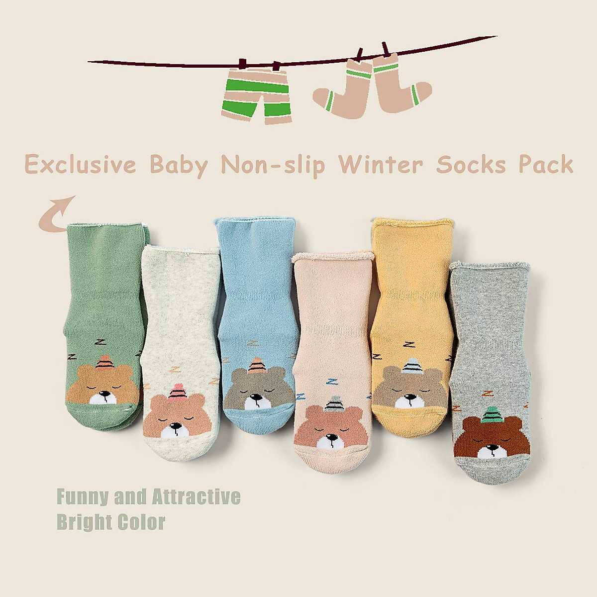 HowJoJo Baby Warm Socks With Grips For Baby Boys Non Slip Winter Socks Baby Girls Thick Crew Socks 6 Pack 12-24 Months