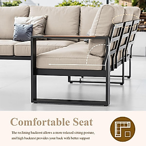 YOEEMZ Aluminum Patio Furniture Set, All-Weather Outdoor Couch Sectional, L Shaped Patio Conversation Sets, Metal Corner Sofa with Teak Tabletop Coffee Table, Beige