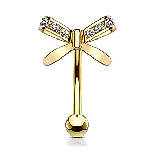 Forbidden Body Jewelry 16g 8mm Curved Barbell for Daith, Eyebrow, Rook & Belly Button with CZ Ribbon Tied Top, Clear/Gold Tone