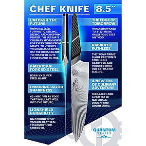Dalstrong Chef Knife - 8.5 inch - Quantum 1 Series - Ultra-Sharp - American Forged BD1N-VX Hyper Steel - Carbon Fibre G10 Hybrid Handle - Premium Kitchen Knife - Leather Sheath