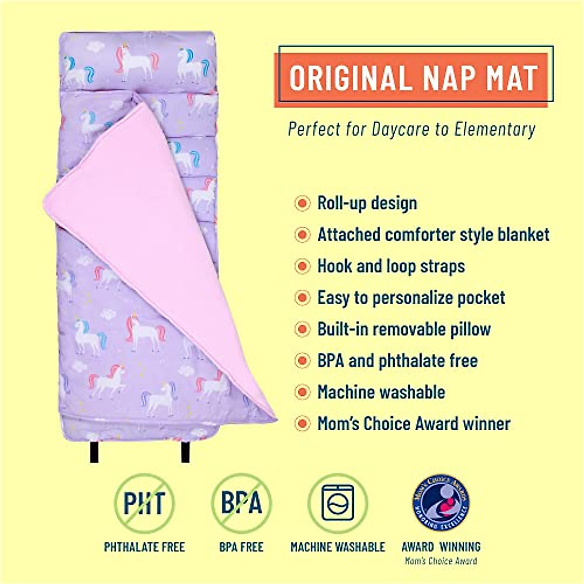 Wildkin Original Nap Mat with Reusable Pillow for Boys and Girls, Perfect for Elementary Sleeping Mat, Features Hook and Loop Fastener, Soft Cotton Blend Materials Nap Mat for Kids (Unicorn)