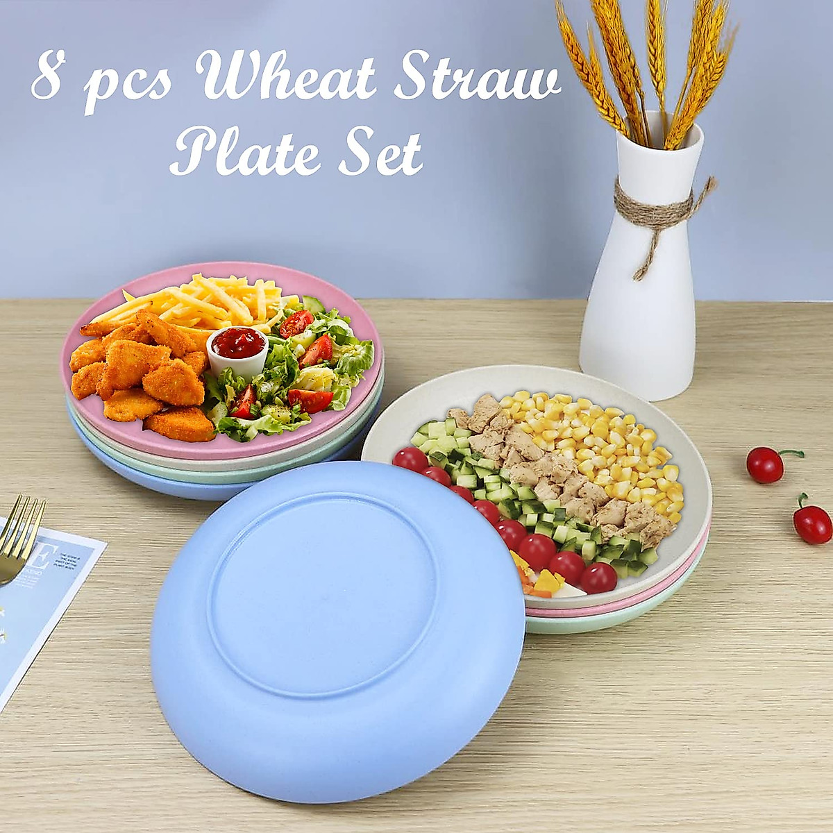 Homienly Deep Dinner Plates Set of 8 Alternative for Plastic Plates Microwave and Dishwasher Safe Wheat Straw Plates for Kitchen Unbreakable Kids Plates with 4 Colors (Fresh Light, 10 inch)