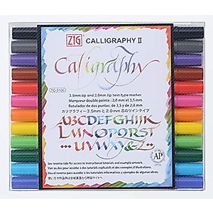 Kuretake ZIG Calligraphy Marker Pens, 12 Colors set, 2mm. & 3.5mm Dual Tip Markers, AP-Certified, Photo-Safe, Acid Free, Lightfast, Odourless, For Beginners, Made in Japan (Water-based dye ink)