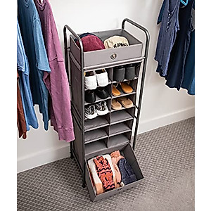 BIRDROCK HOME 12 Cubby Vertical Shoe Rack Organizer with Large Drawer - Grey - Free Standing Tower for Closet - Sturdy Metal Frame - Space Saver - Bedroom Organization