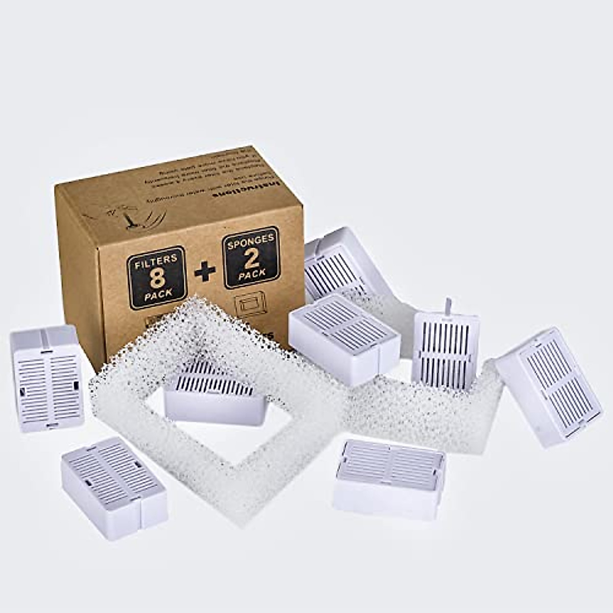 pet k9 Pet Fountain Replacement Filter-8 Activated Carbon Filters, 2 Foam Filters, Compatible with Ceramic and Stainless Steel Fountain, White